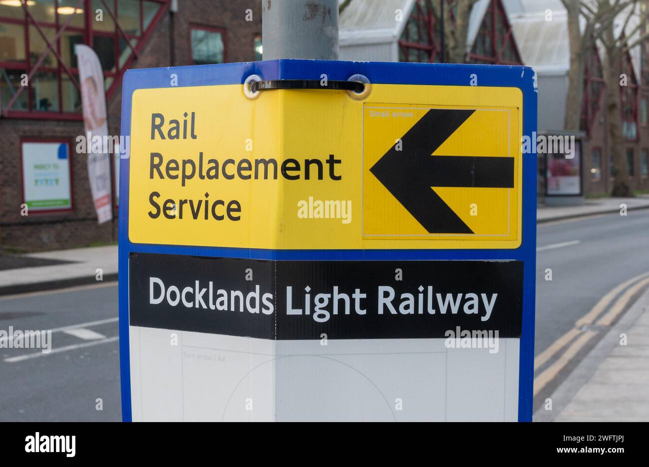 Sign reading Rail Replacement Service, Docklands Light Railway, London ...