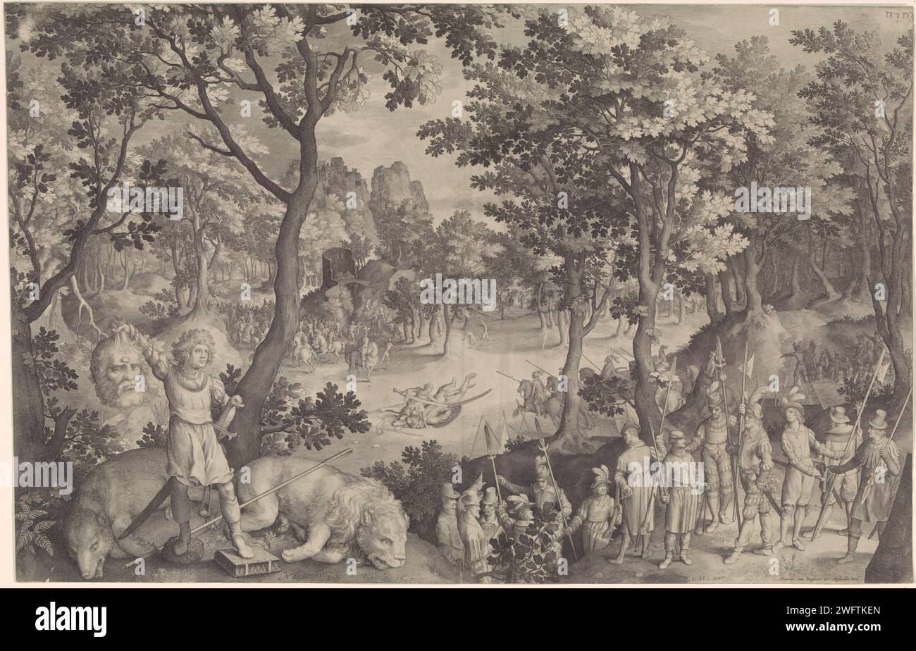 David and Goliat, Nicolaes de Bruyn, 1609 print In the middle the ...