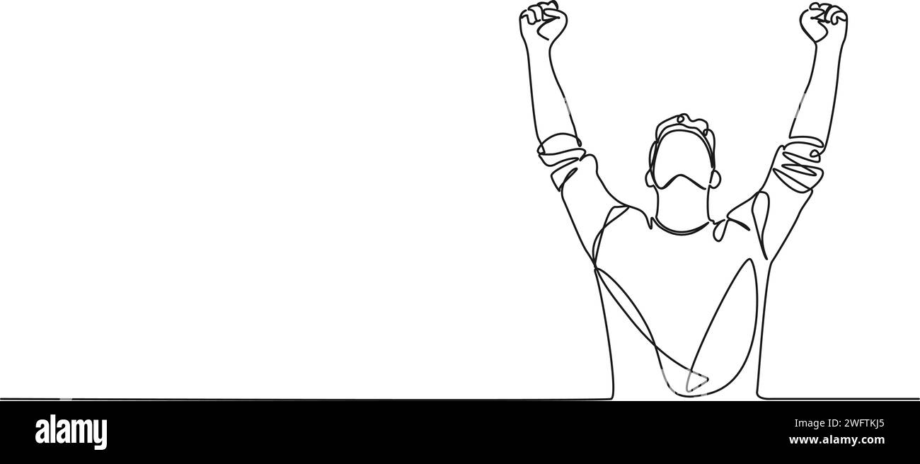 Continuous Single Line Drawing Of Cheering Man With Raised Arms Line