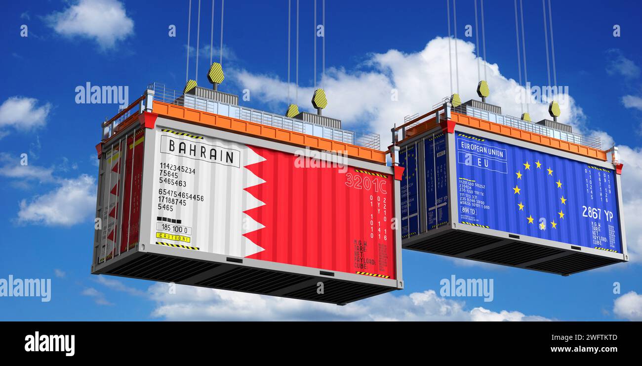Shipping containers with flags of Bahrain and European Union - 3D ...