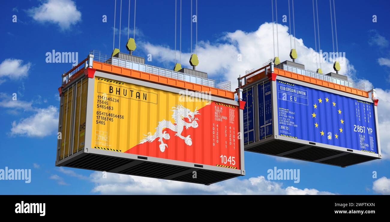 Shipping containers with flags of Bhutan and European Union - 3D ...