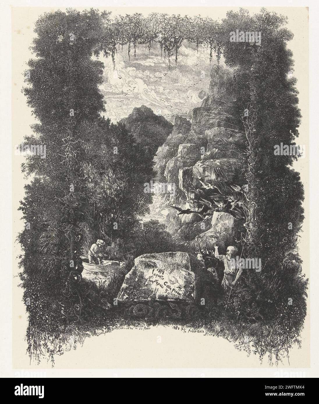 Title print with landscape and figures from fables and stories in frame ...