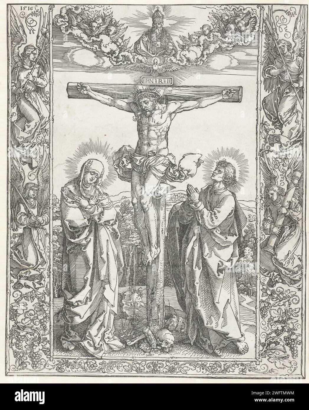 Crucifixion, Albrecht Dürer, 1516 print Christ on the cross. On his right side is Maria, on his ...