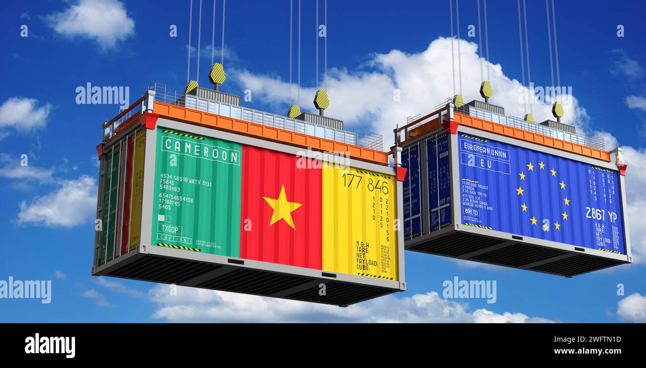Shipping containers with flags of Cameroon and European Union - 3D ...