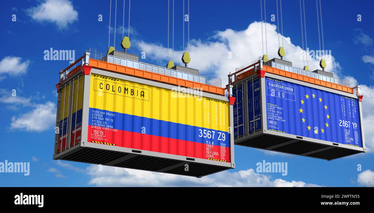 Shipping containers with flags of Colombia and European Union - 3D ...