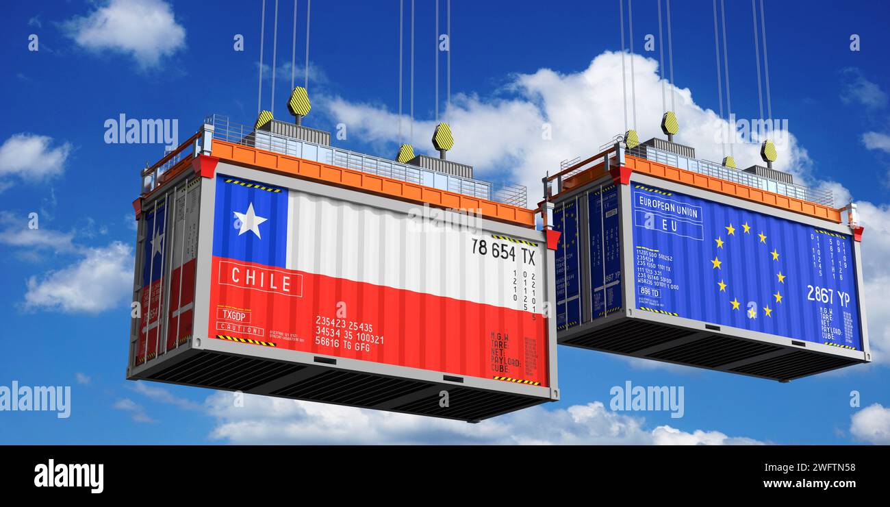 Shipping containers with flags of Chile and European Union - 3D ...