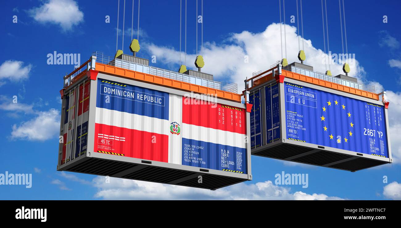Shipping containers with flags of Dominican Republic and EU - 3D ...