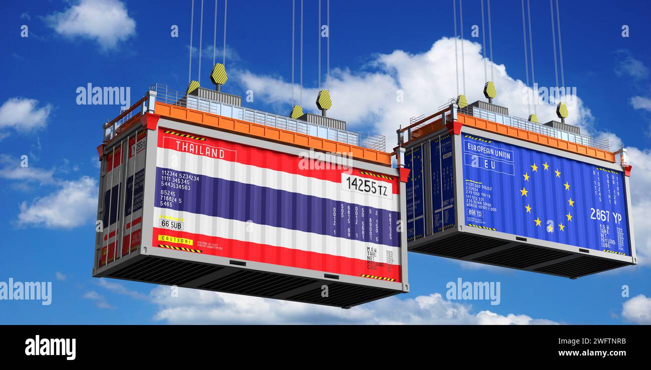 Shipping containers with flags of Thailand and European Union - 3D ...