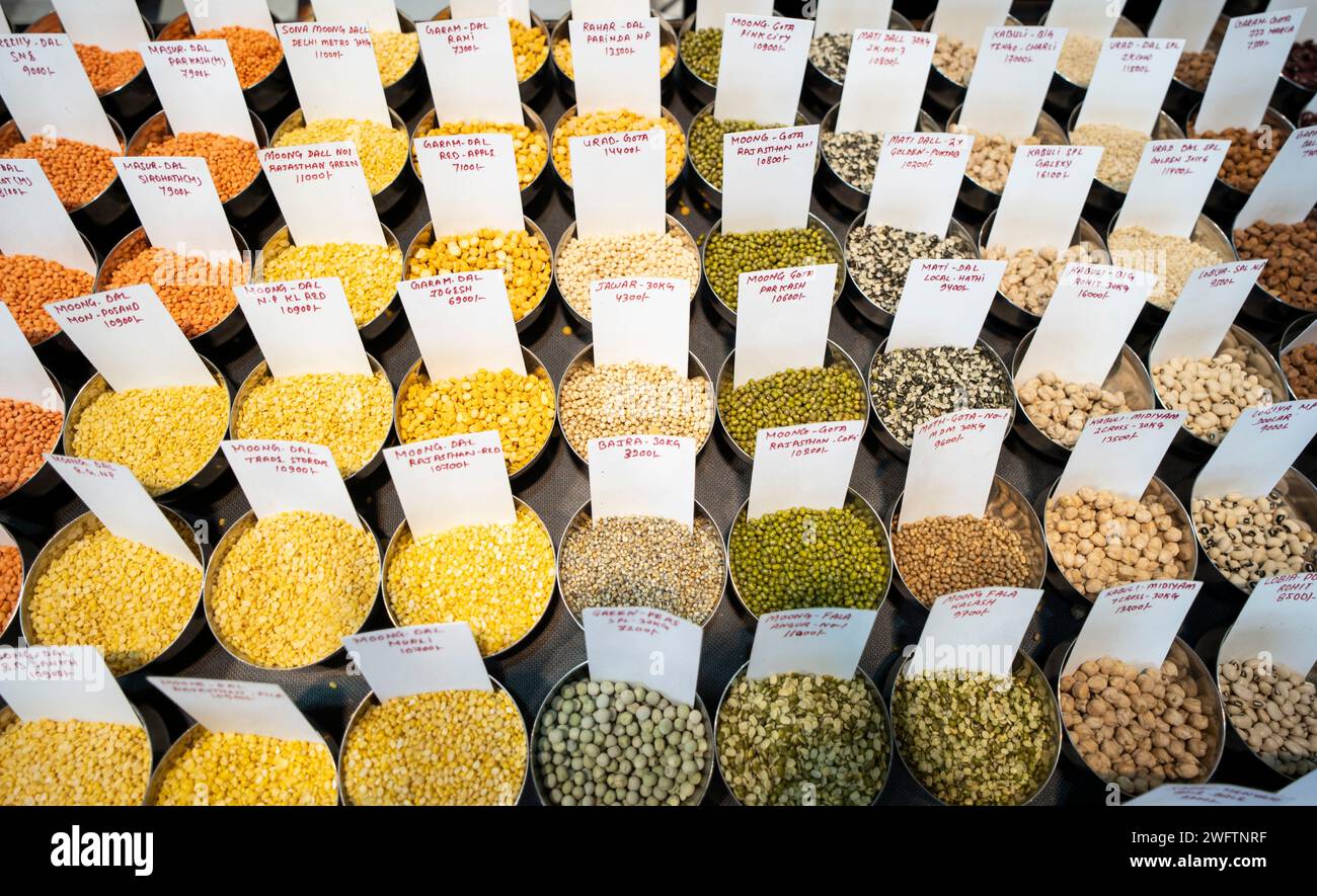 Samples of pulses kept on display inside a shop at a wholesale market ...