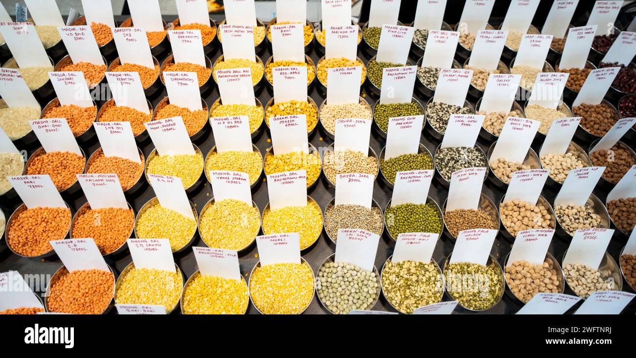 Samples of pulses kept on display inside a shop at a wholesale market ...