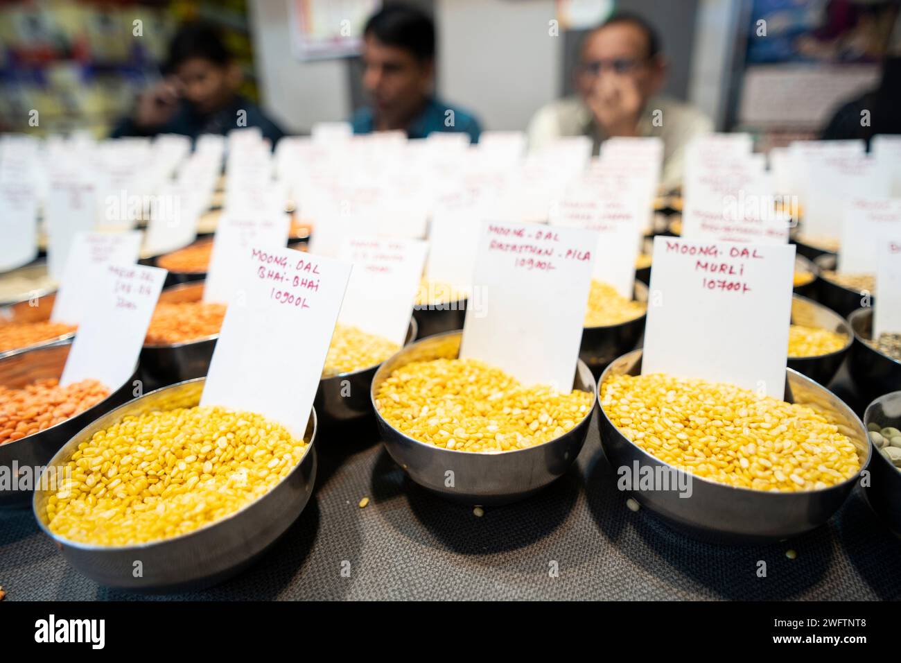 Samples of pulses kept on display inside a shop at a wholesale market ...