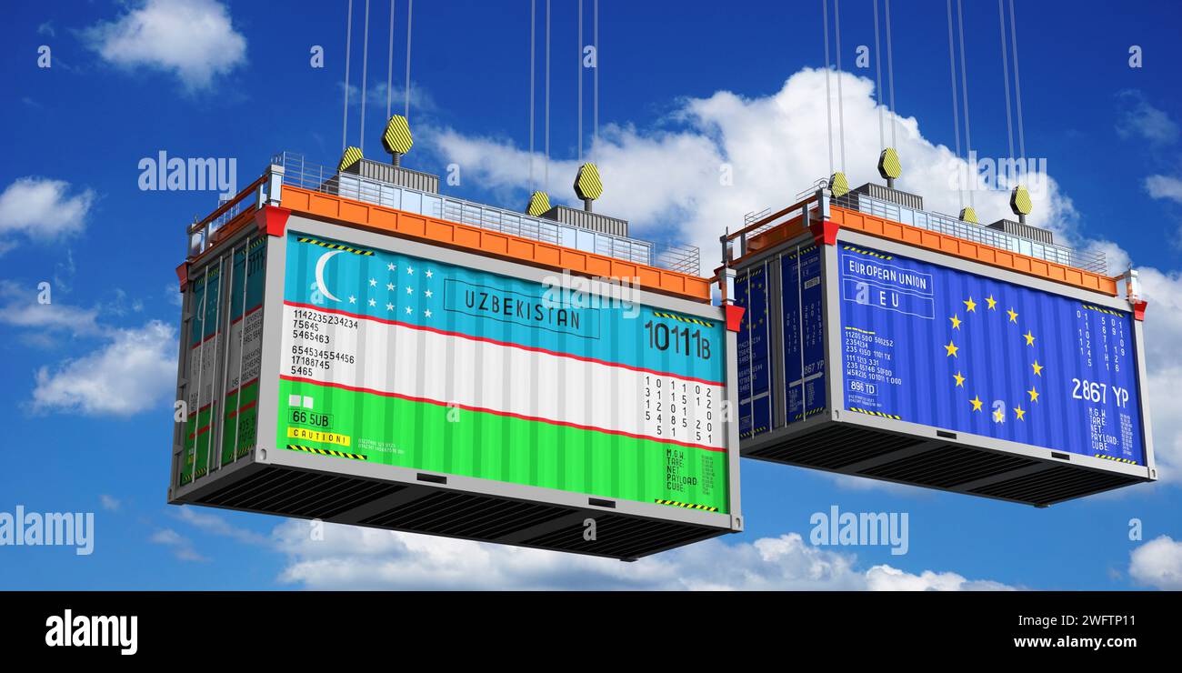 Shipping containers with flags of Uzbekistan and European Union - 3D ...