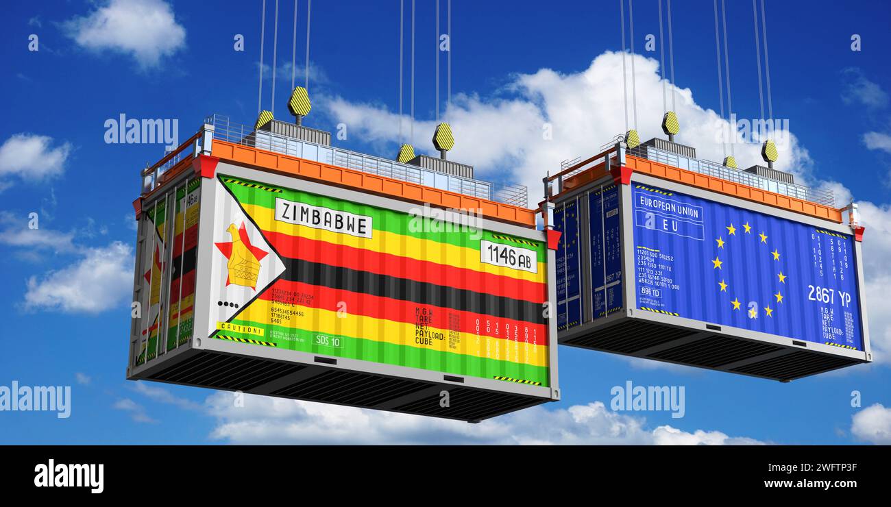 Shipping containers with flags of Zimbabwe and European Union - 3D ...