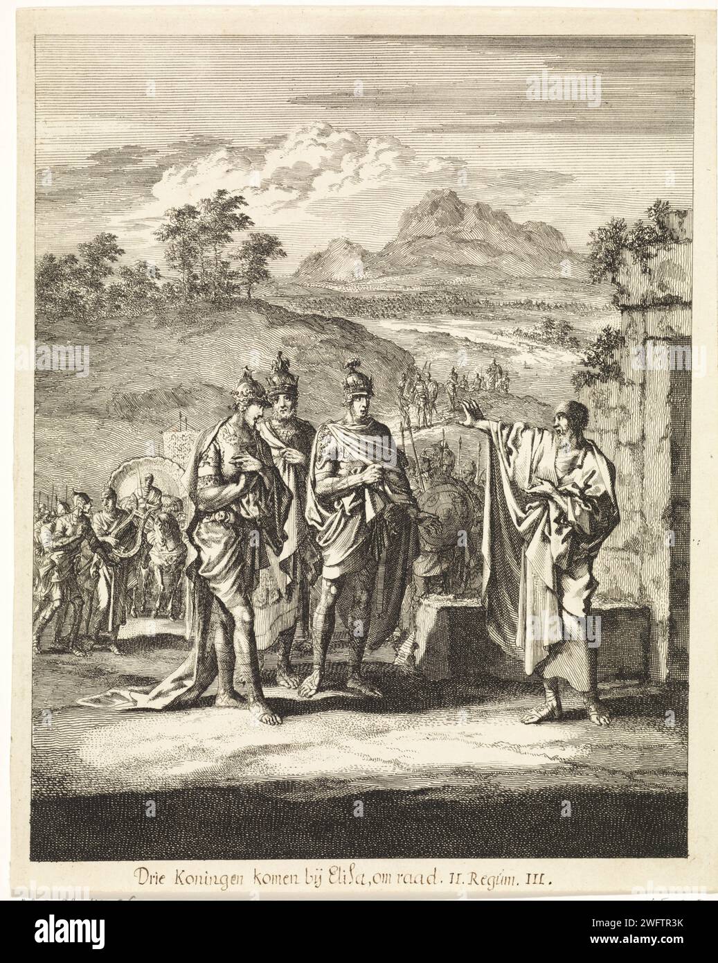 Kings of Israel, Judah and Edom near Elisa, Jan Luyken, 1708 print Amsterdam paper etching the ...