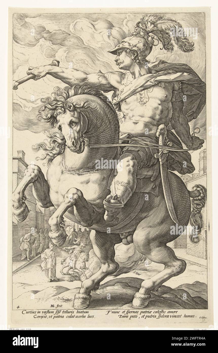 Marcus Curtius, 1586 print The hero Marcus Curtius on horseback, a ...