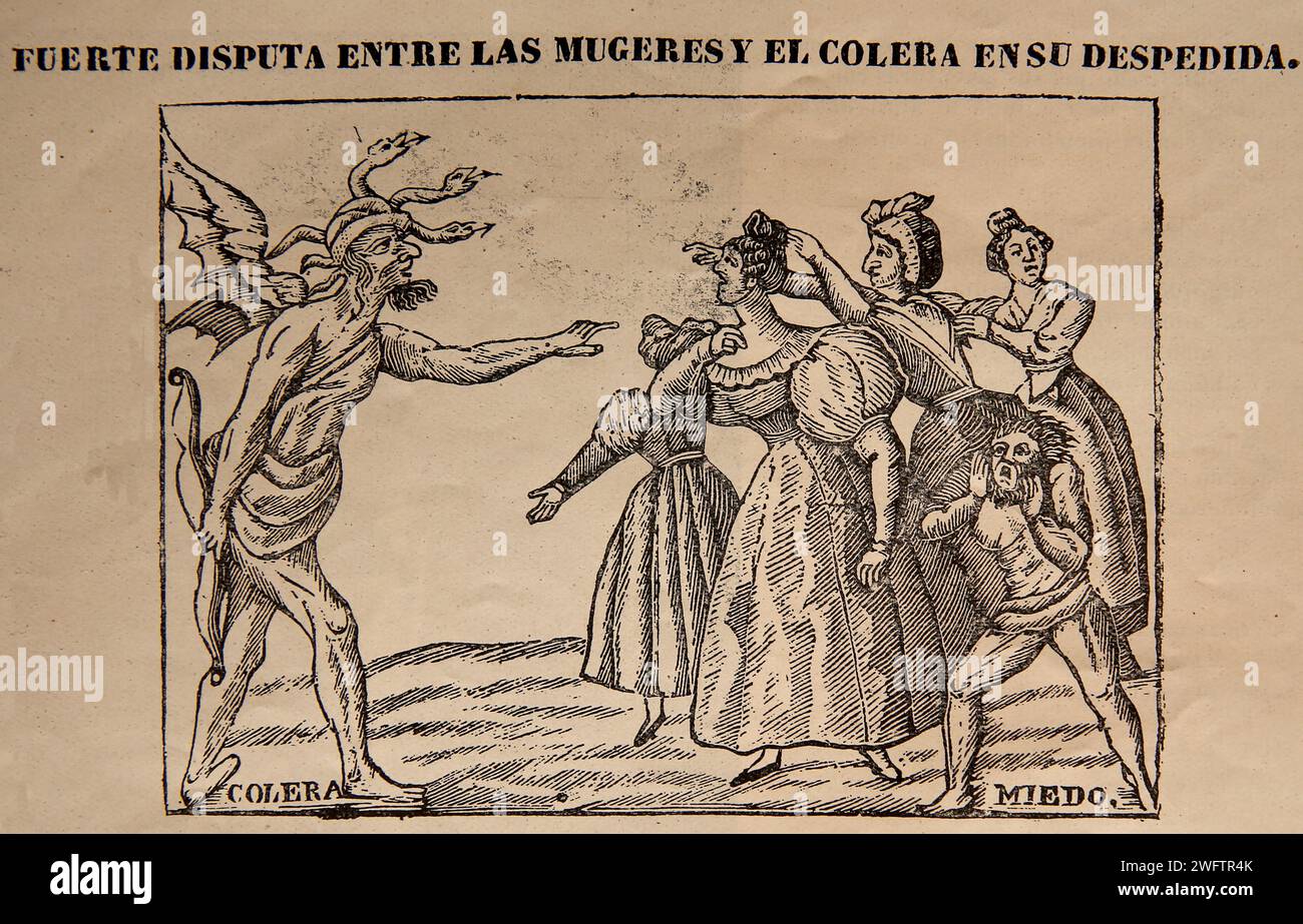 Spain. Barcelona. 1865. Third epidemic of the 19th century. Symbolic ...