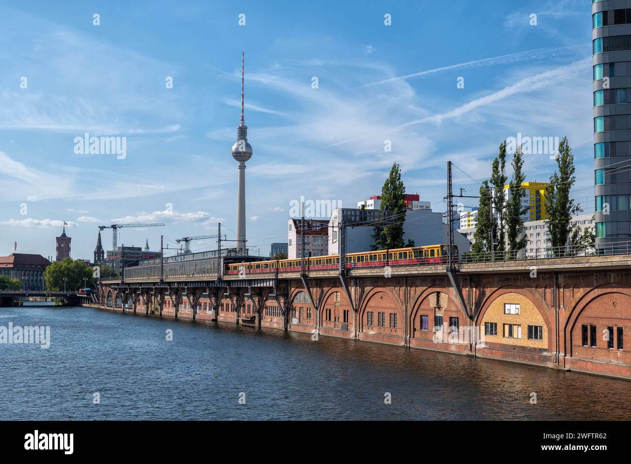 City of Berlin in Germany, skyline with TV Tower and S-Bahn train at ...
