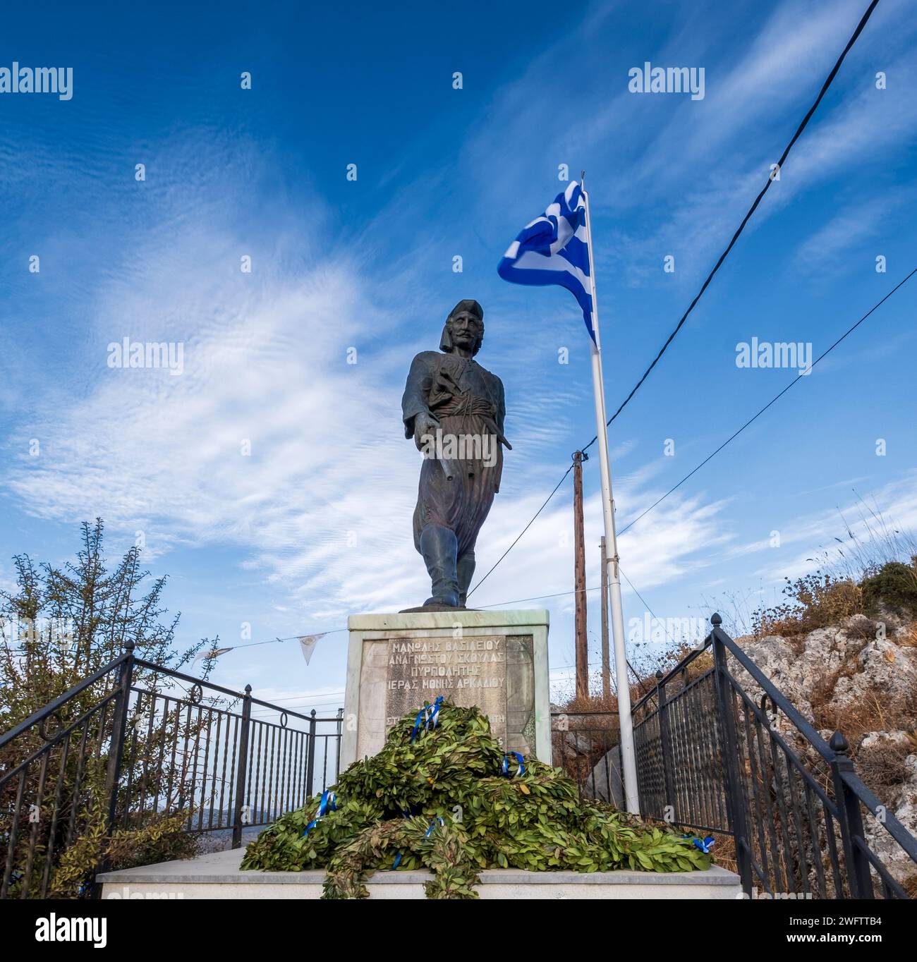 Statue of Cretan freedom fighter in mountain village of Anogia, Crete ...