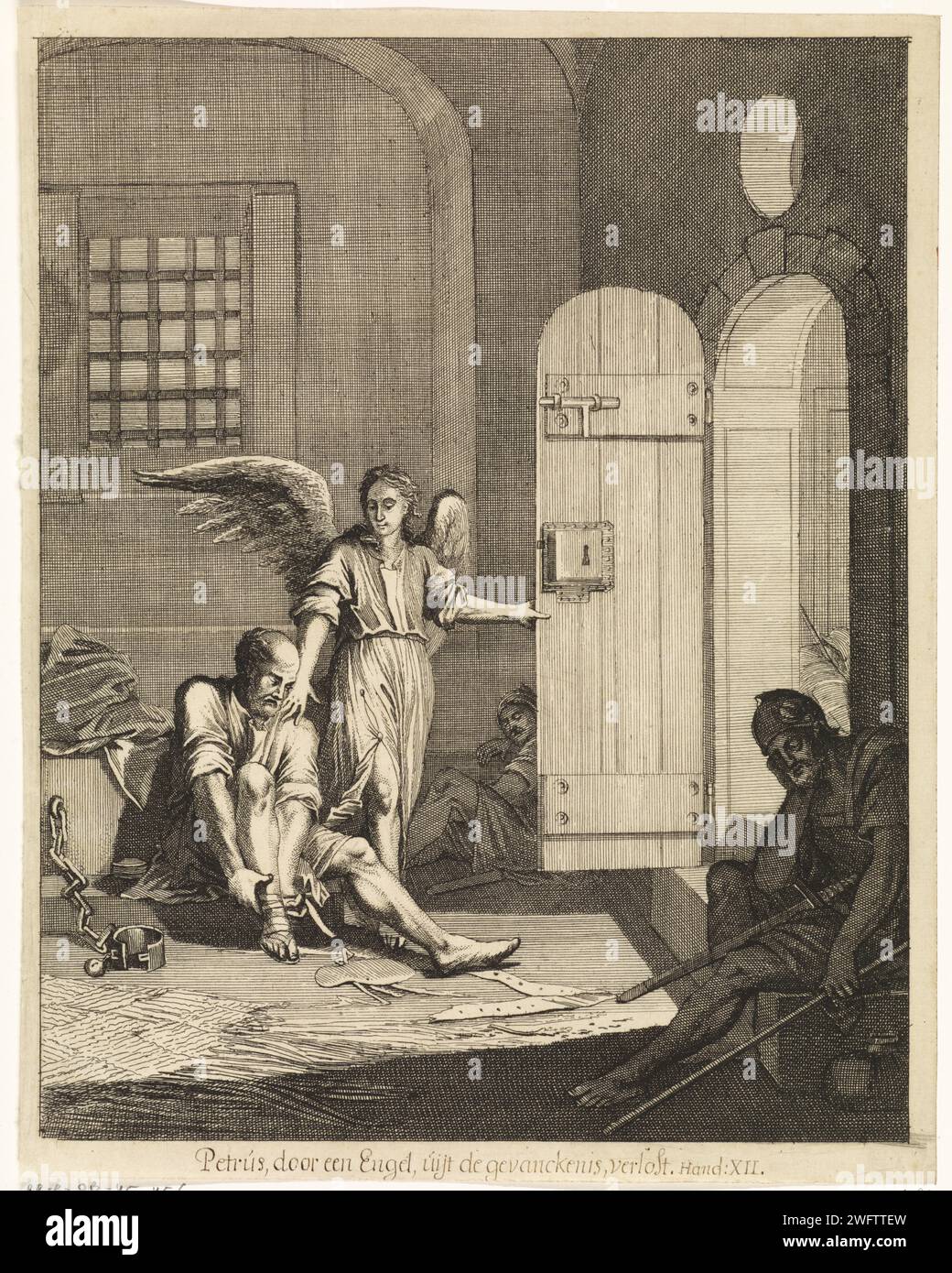 Peter liberated from prison by an angel, Caspar Luyken, 1708 print ...