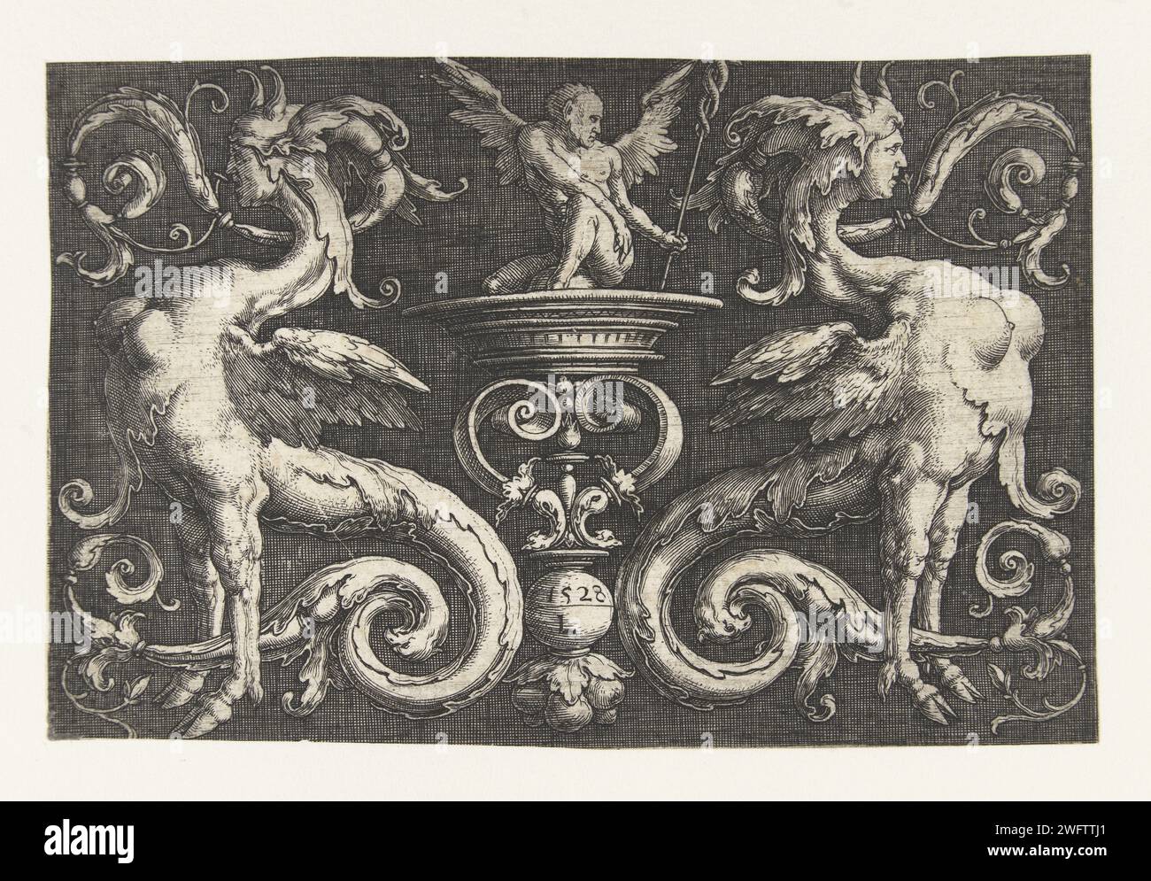 Ornament with two fantasy scenes and a winged man, 1528 print ...