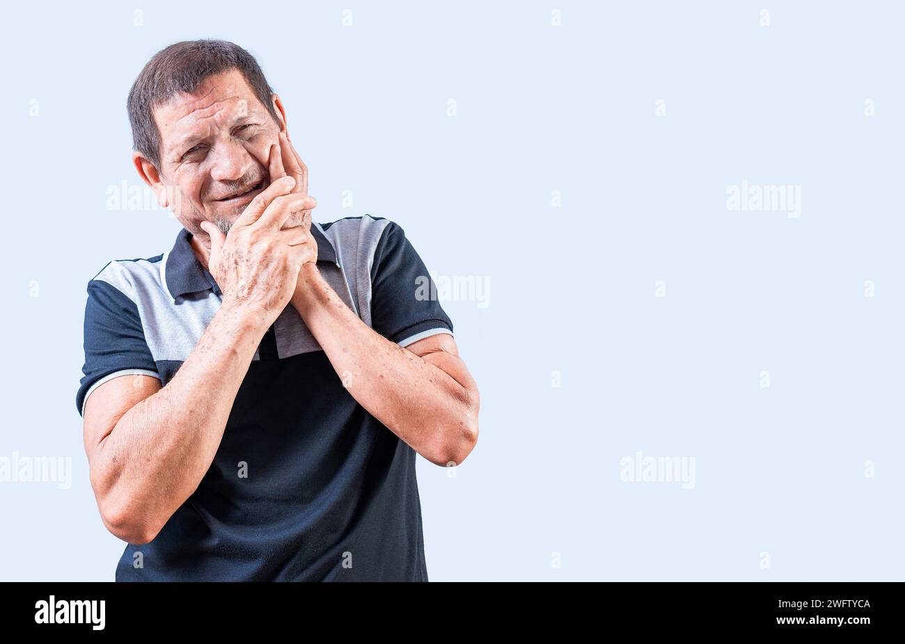 Mature man with toothache isolated. Unhappy senior man rubbing cheek ...