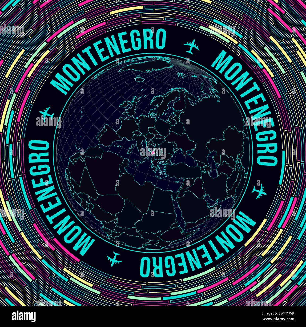 Montenegro on globe. Satellite view of the world centered to Montenegro ...