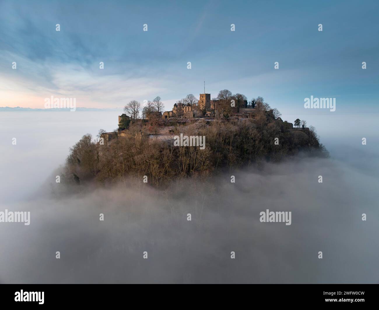 Aerial view of the Hegau volcano Hohentwiel with the upper fortress ...