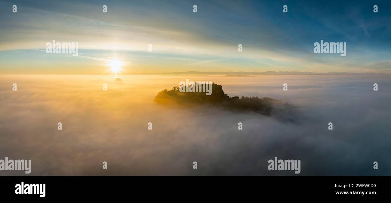 Aerial view of the Hegau volcano Hohentwiel with the upper fortress ...