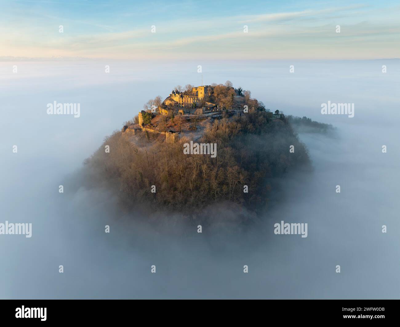 Aerial view of the Hegau volcano Hohentwiel with the upper fortress ...