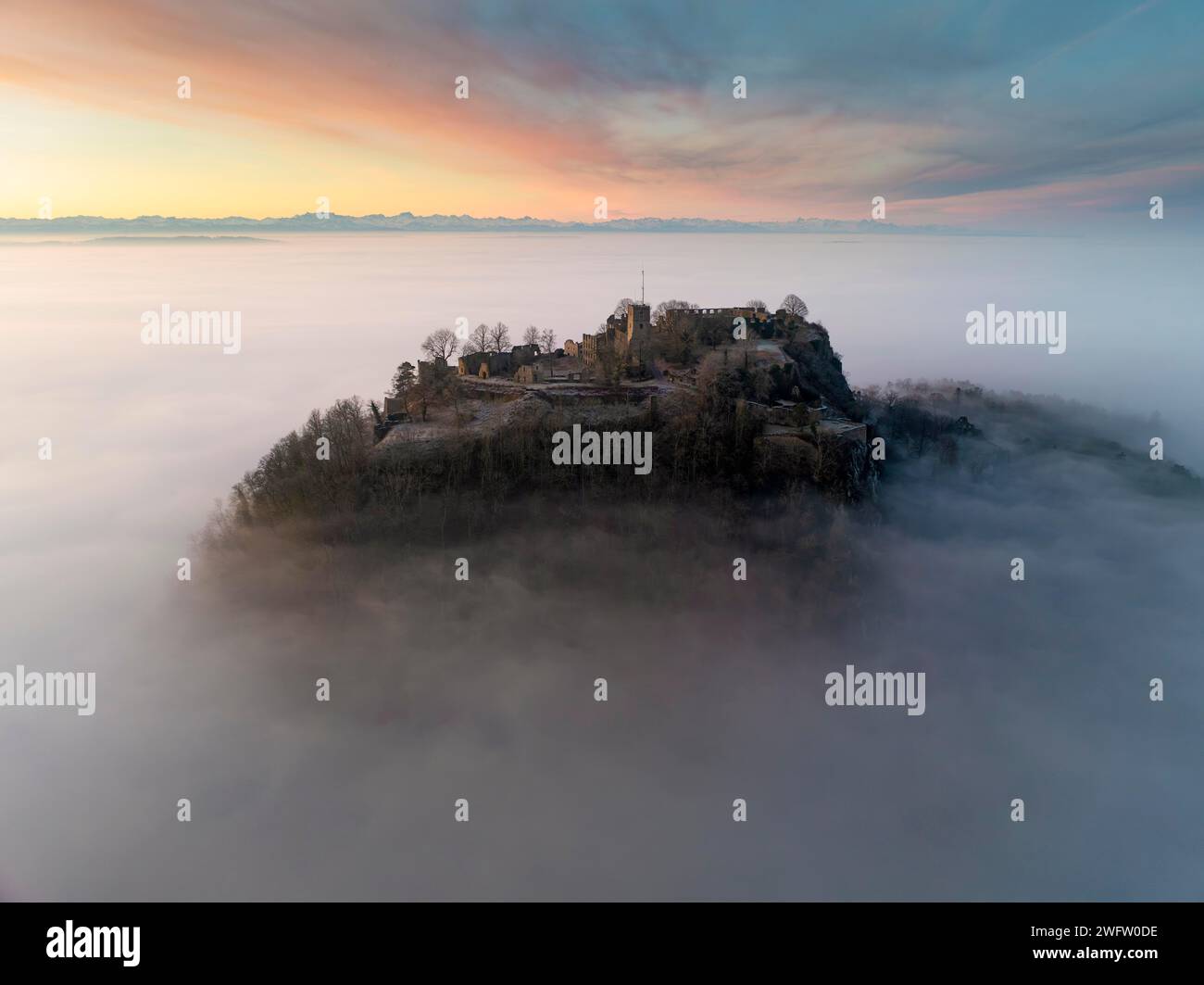 Aerial view of the Hegau volcano Hohentwiel with the upper fortress ...