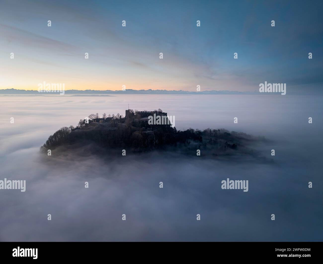 Aerial view of the Hegau volcano Hohentwiel with the upper fortress ...