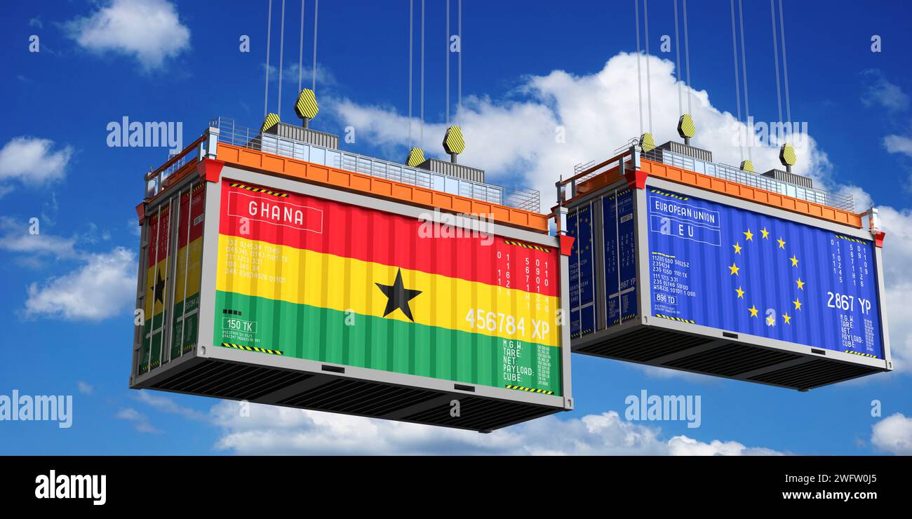 Shipping containers with flags of Ghana and European Union - 3D ...