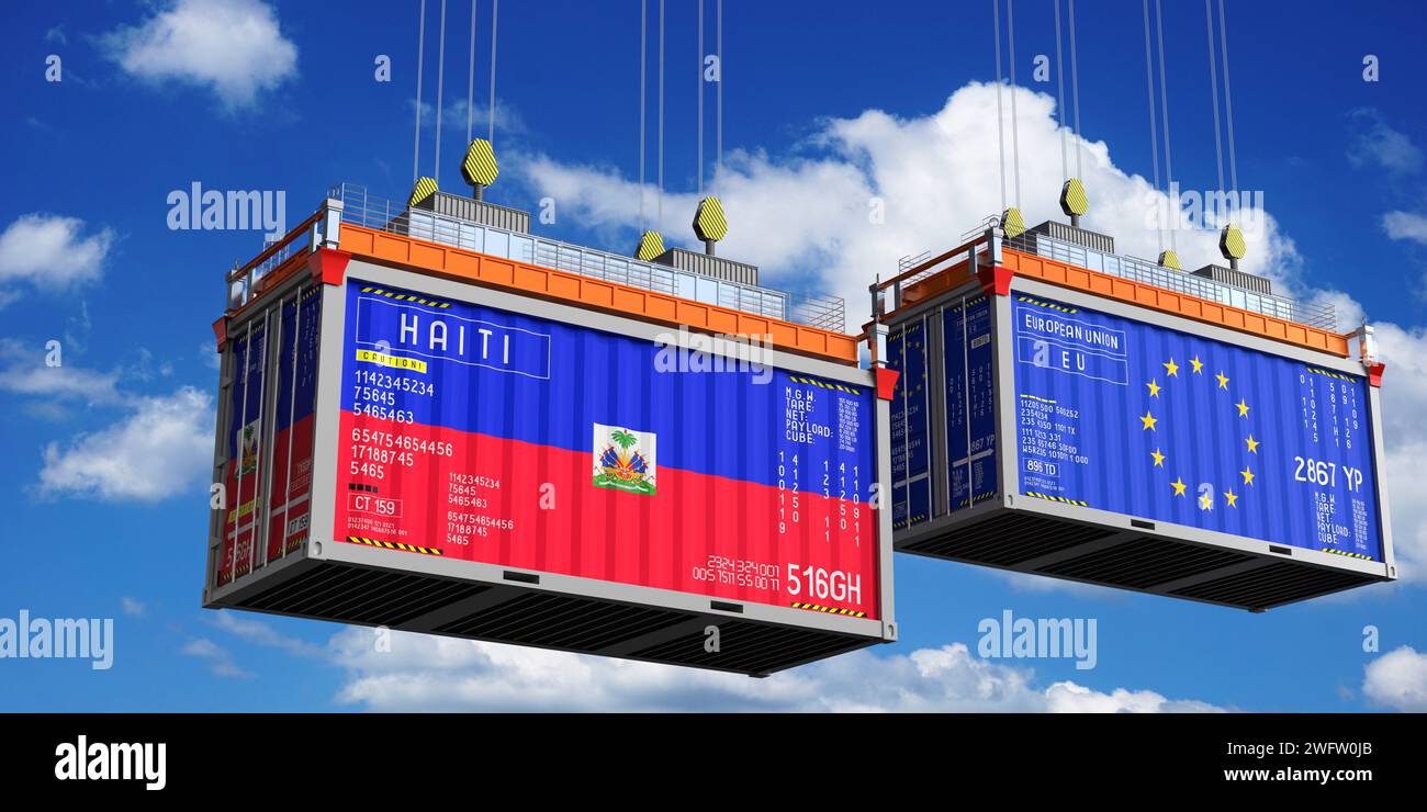 Shipping containers with flags of Haiti and European Union - 3D ...