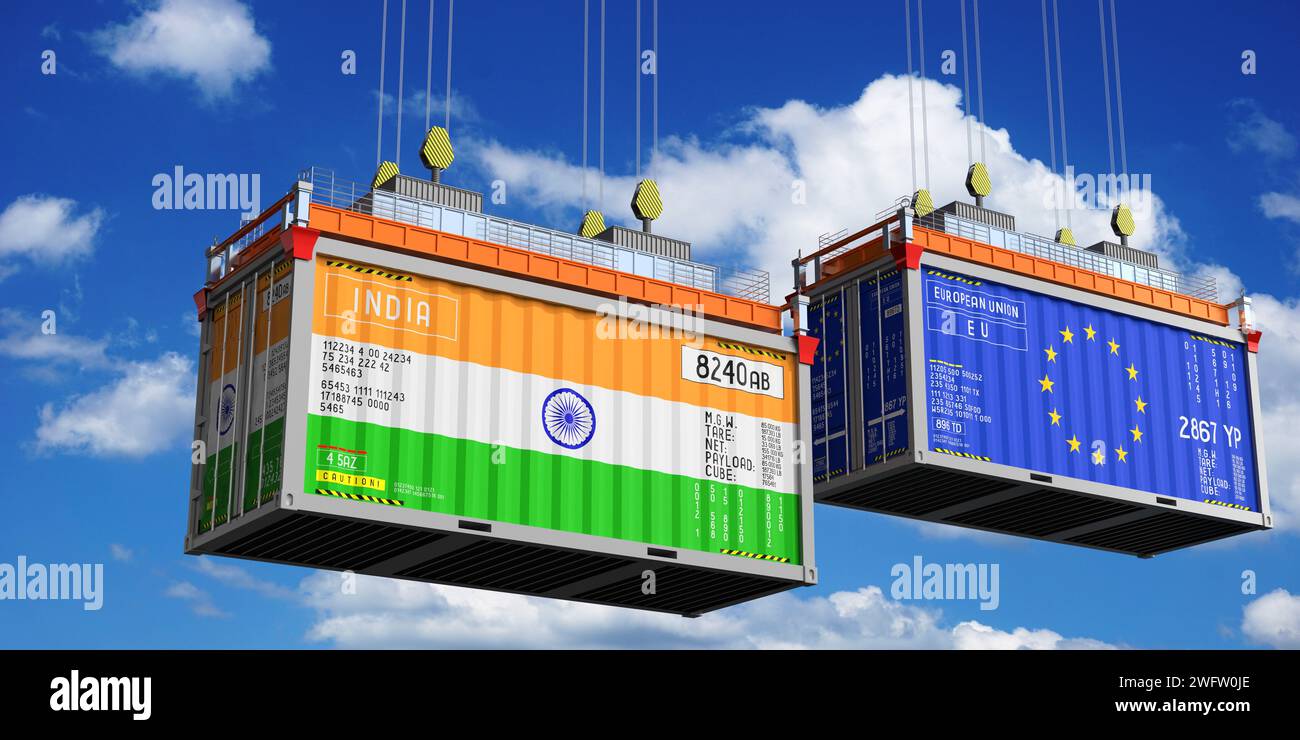 Shipping containers with flags of India and European Union - 3D ...