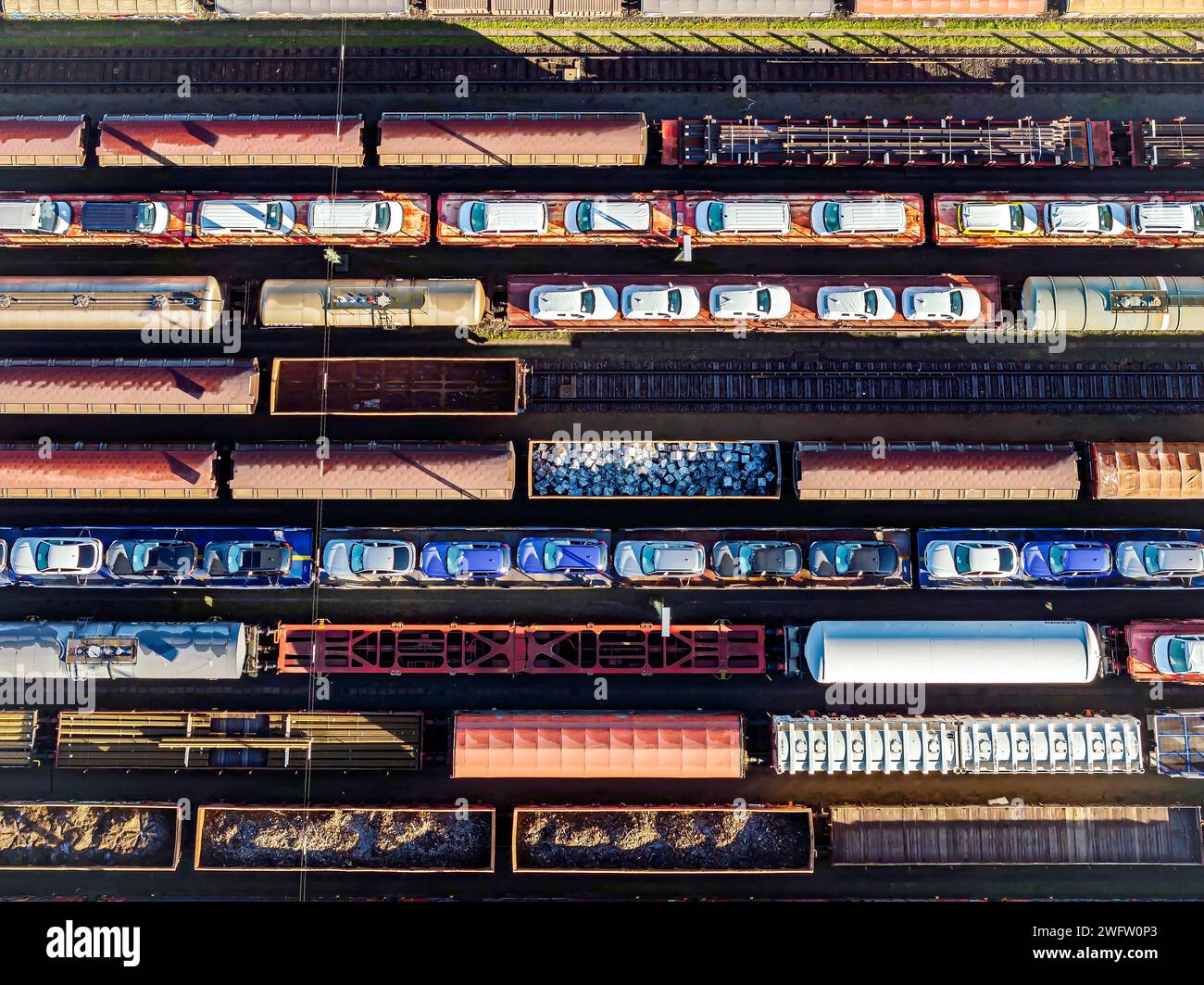 Deutsche Bahn AG marshalling yard. Many goods trains are parked on the ...