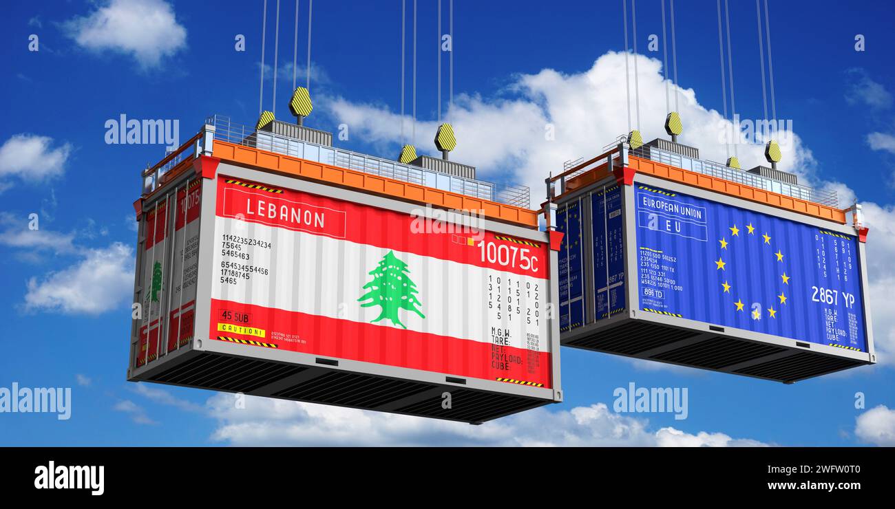 Shipping containers with flags of Lebanon and European Union - 3D ...