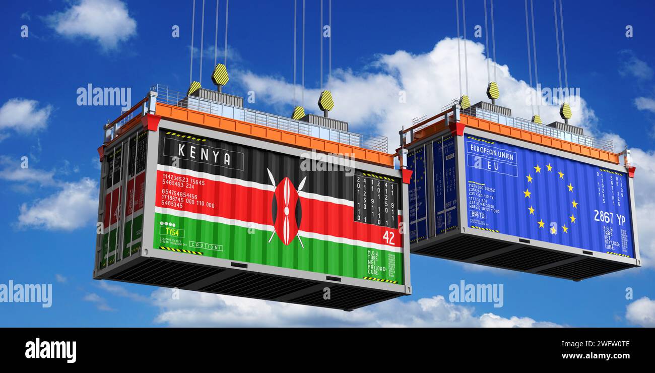Shipping containers with flags of Kenya and European Union - 3D ...