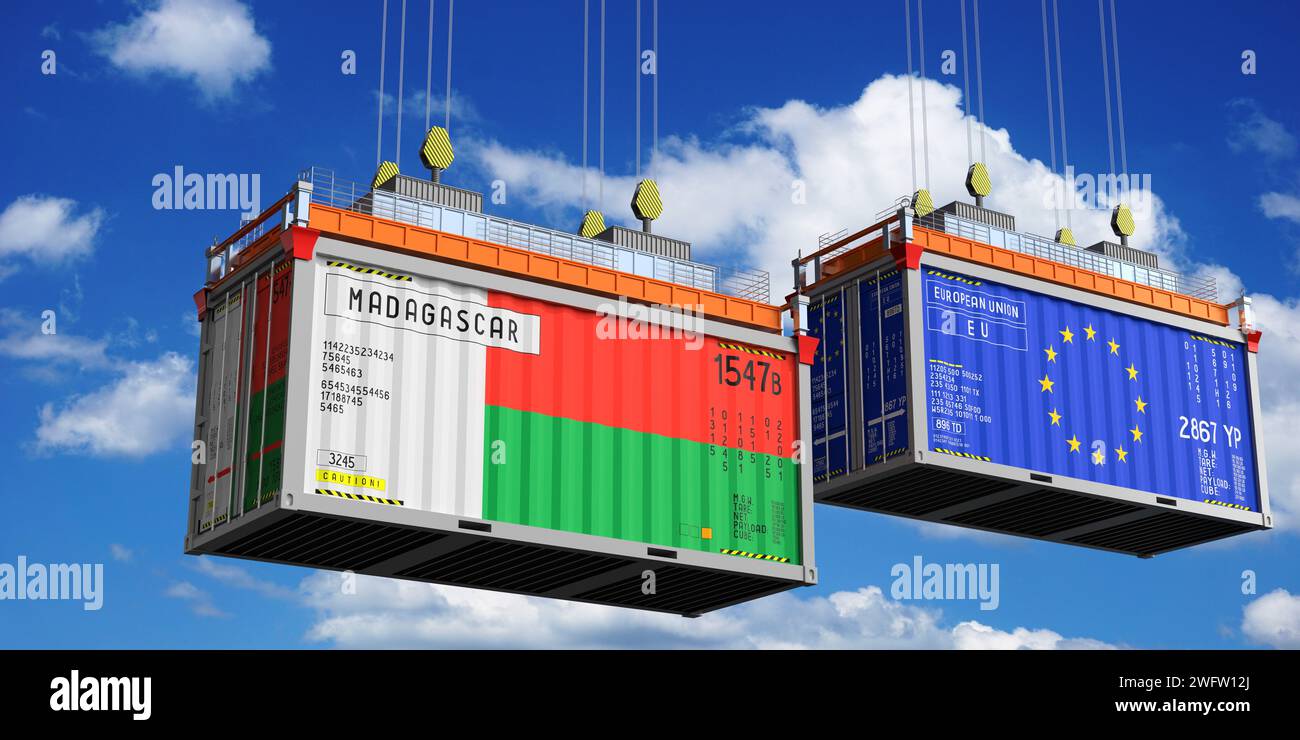 Shipping containers with flags of Madagascar and European Union - 3D ...