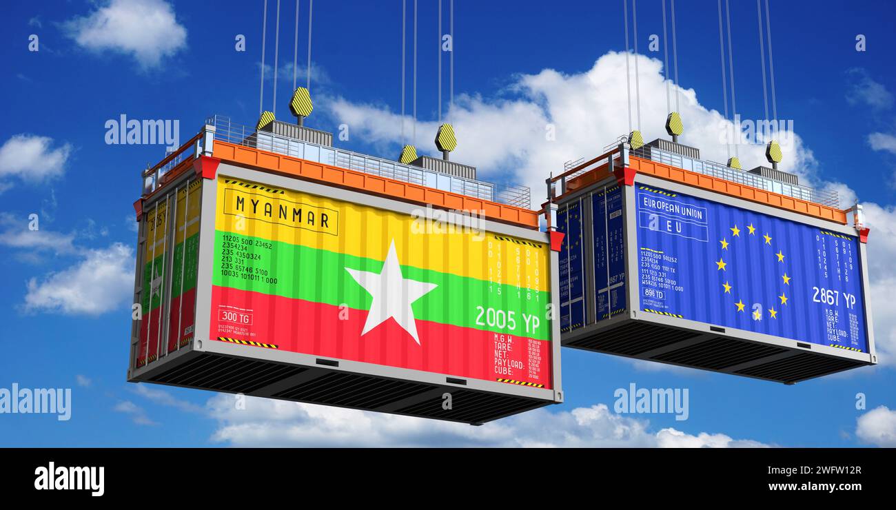 Shipping containers with flags of Myanmar and European Union - 3D ...