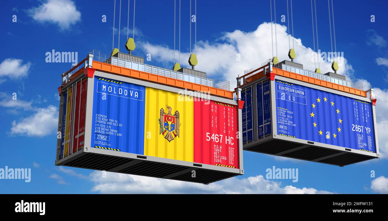 Shipping containers with flags of Moldova and European Union - 3D ...