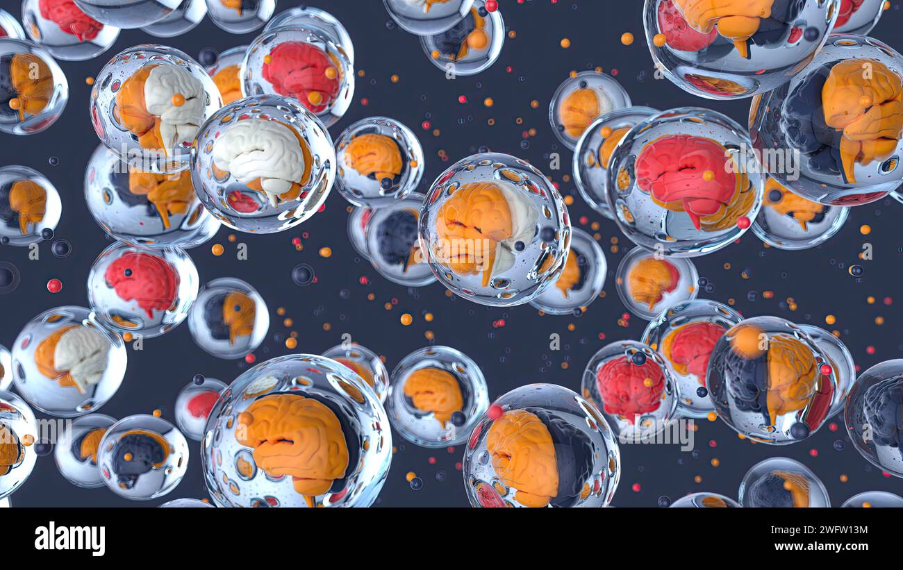 Art background of a brain bubbles factory Stock Photo - Alamy