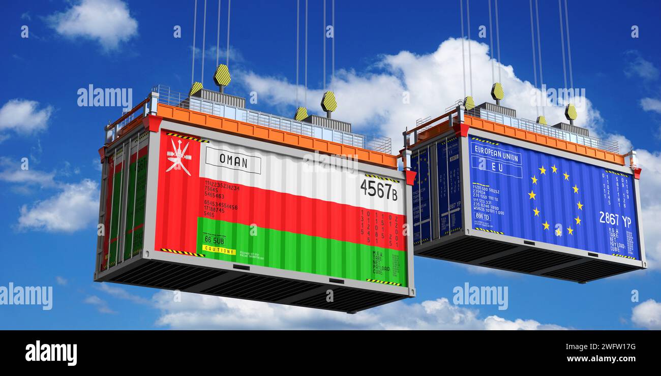 Shipping containers with flags of Oman and European Union - 3D ...