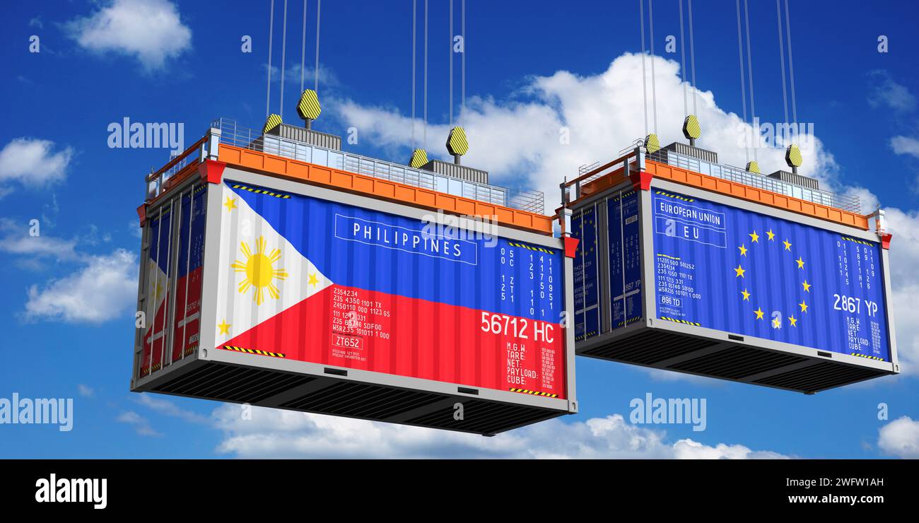 Shipping containers with flags of Philippines and European Union - 3D ...