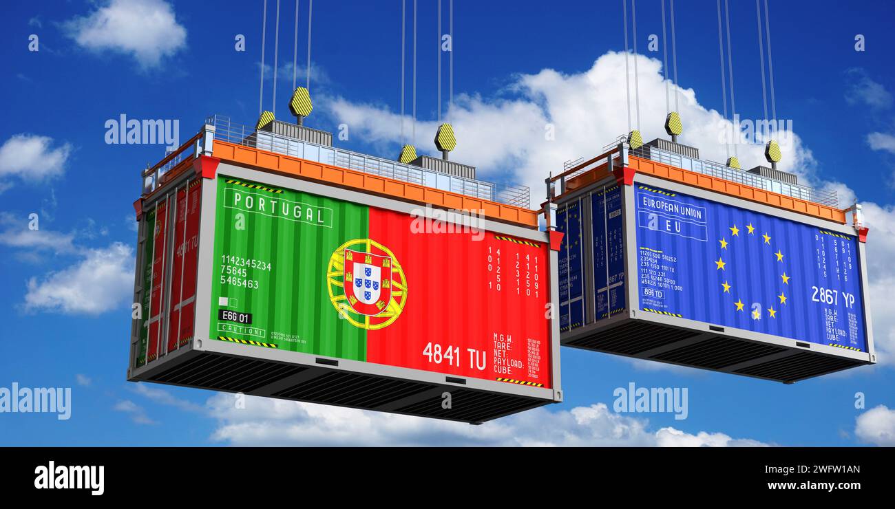 Shipping containers with flags of Portugal and European Union - 3D ...