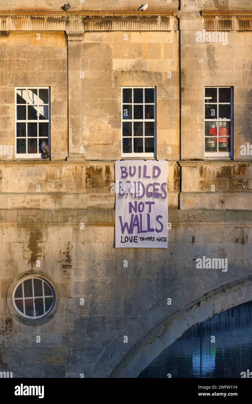 Anti Trump Protesters in Bath are pictured hanging a #BridgesNotWalls ...