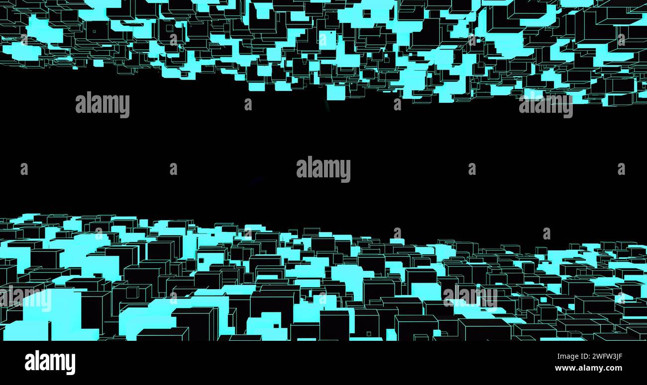 Abstract digital landscape with cyan patterns on a black background ...