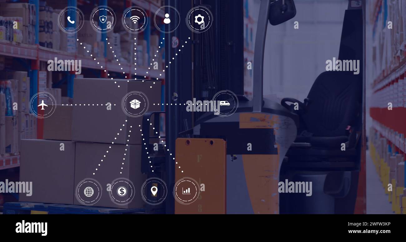 Image of network of connections with icons over warehouse Stock Photo ...