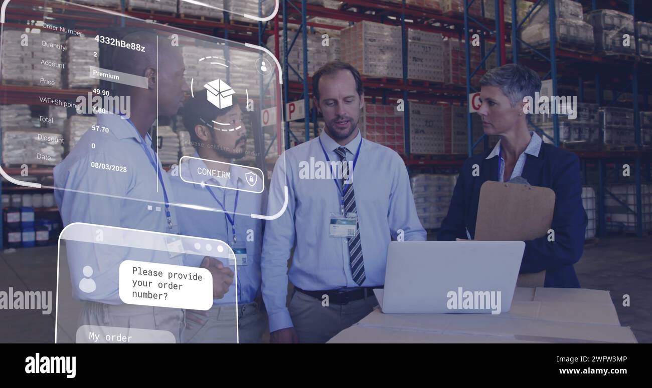 Image of data processing on screen over diverse people working in ...