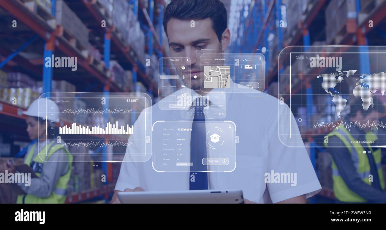 Image of data processing on screens over caucasian man working in ...