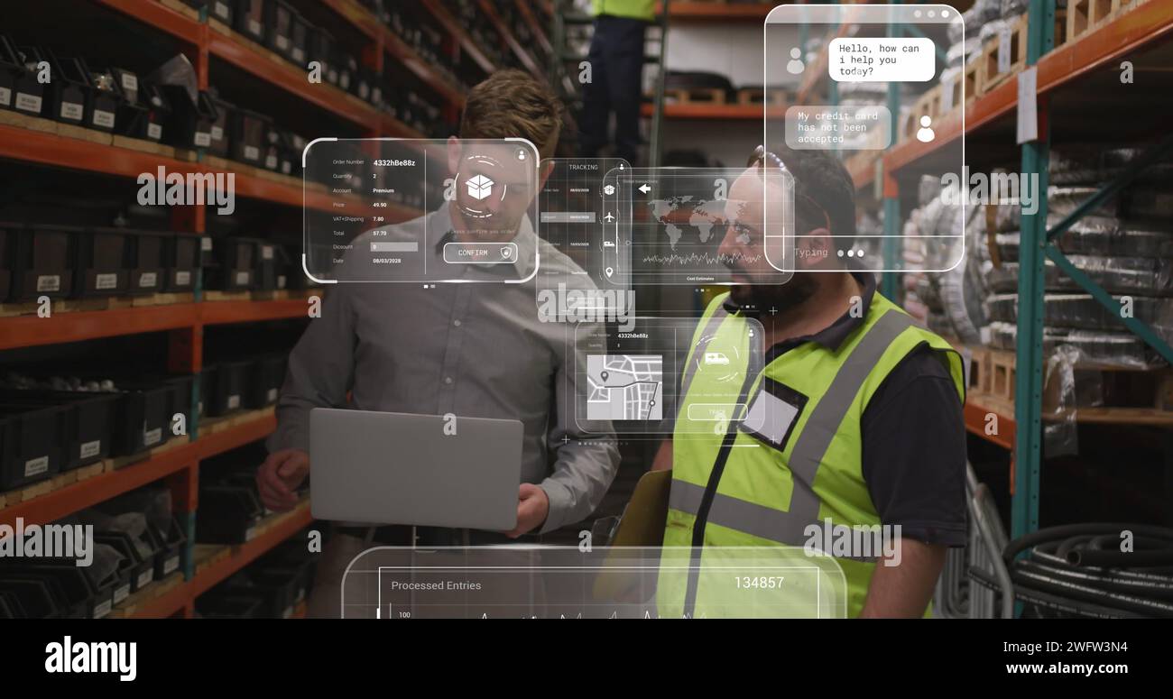 Image of data processing on screens over caucasian men working in ...